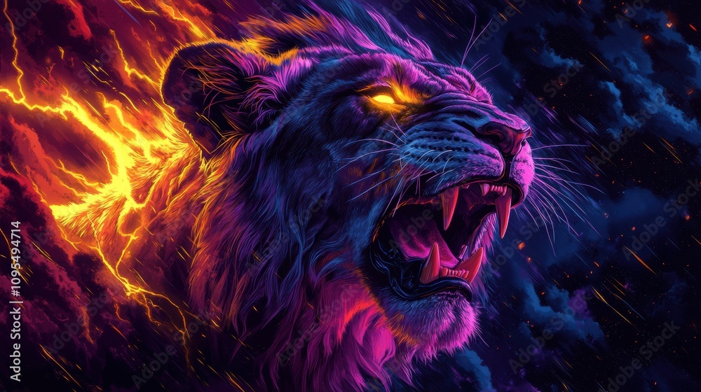 Majestic lion with glowing eyes and fiery mane in outer space, roaring ...