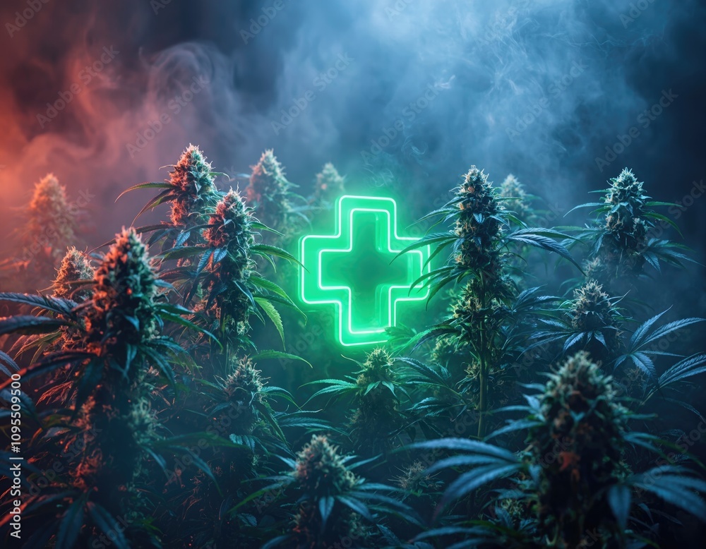 Cannabis plants in misty environment with neon medical cross symbol ...