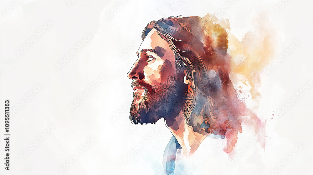 Jesus Christ, with his serene face and beard, was illustrate in digital ...