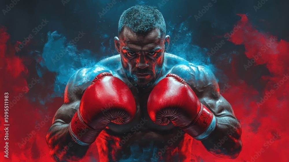 Dynamic illustration of a determined boxer in red gloves, ready to ...