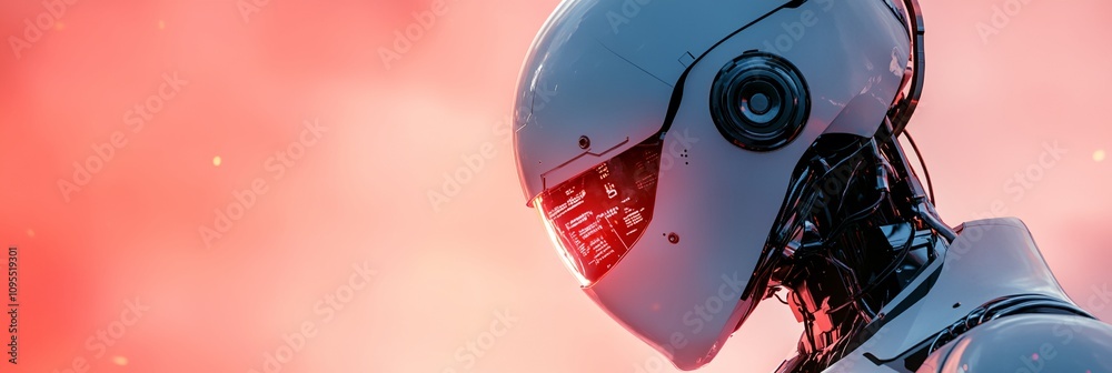 The robot's face is glowing red, giving it an eerie and unsettling ...