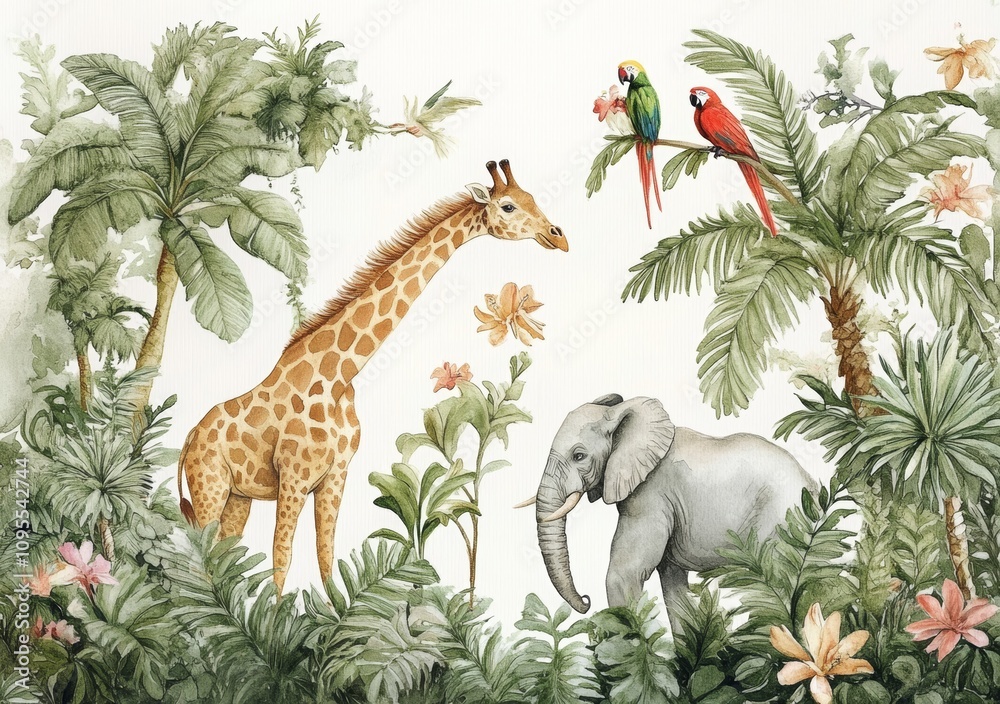 Watercolor Illustration of Jungle Scene with Giraffe Elephant Monkey ...