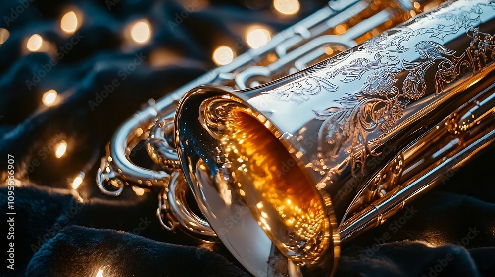 Exquisitely detailed euphonium instrument lying on a plush black velvet ...