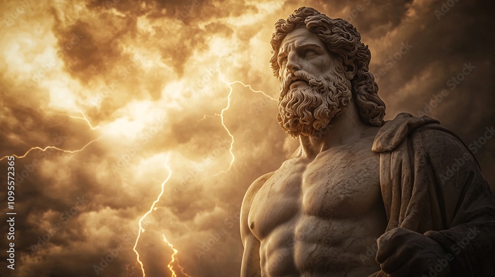 Majestic marble statue of the Olympian god Zeus surrounded by dramatic ...