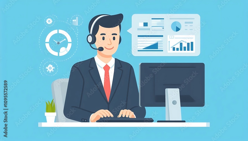 call center agent using a headset and computer to assist customers flat ...