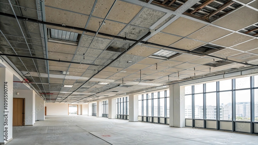 Industrial-style ceiling tiles in an open-plan office, modern furniture ...