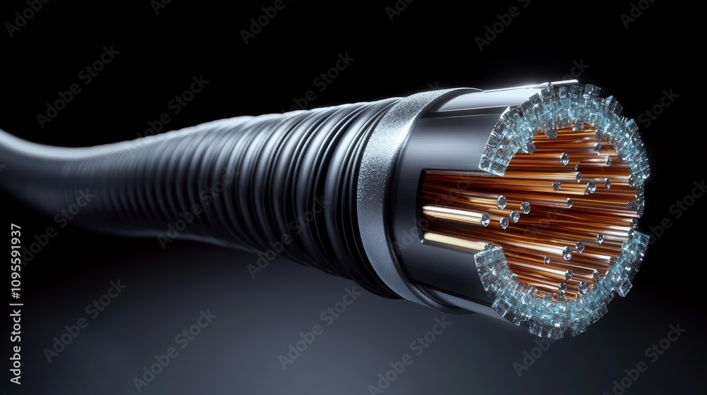 Detailed Cross Section of Armoured Fiber Optic Cable Structure on Black ...