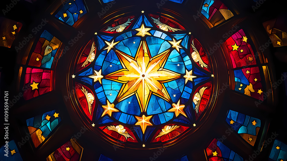 Stained glass window with celestial design and stars church ...