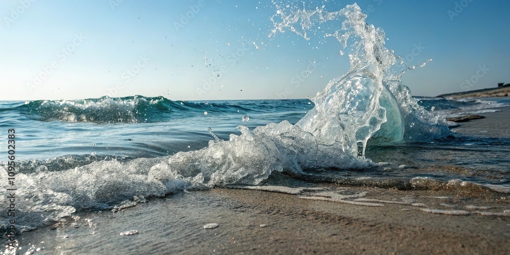 Water splashing against the shore as strong ripples spread out from a ...