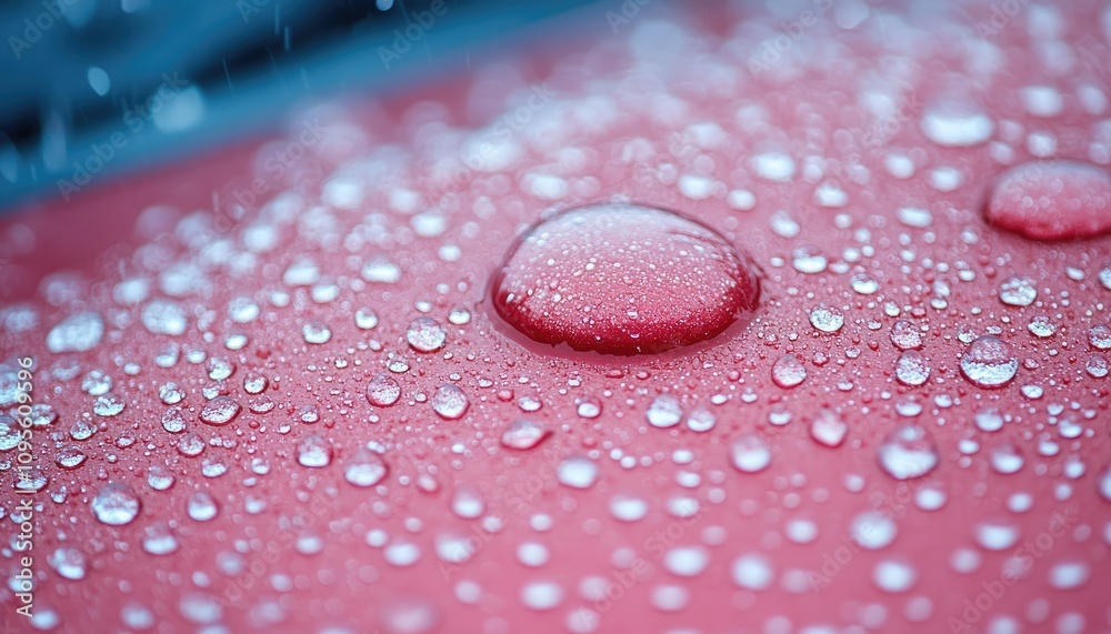 Water droplets on pink surface. This close-up photo depicts the texture ...