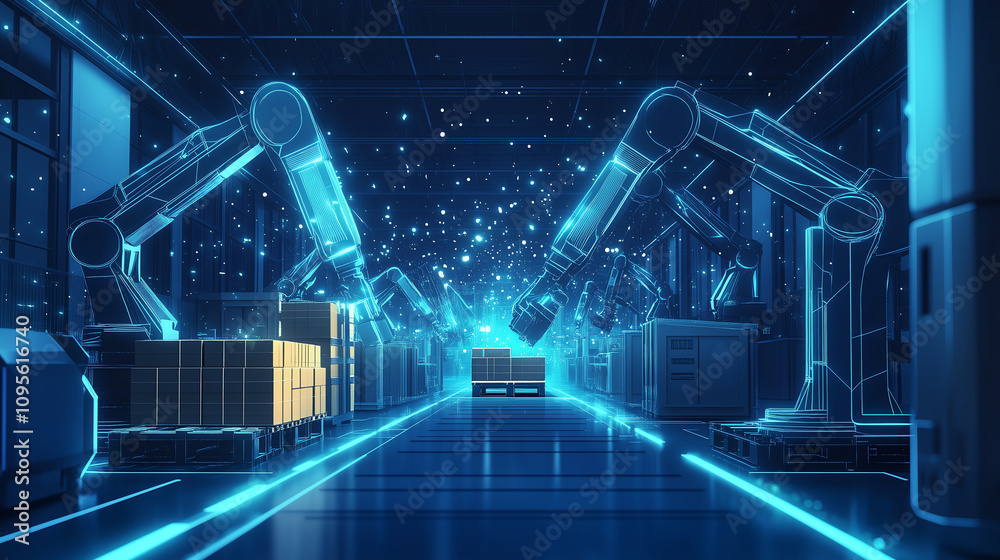 Warehouse automation scene with robotic arms assembling pallets ...