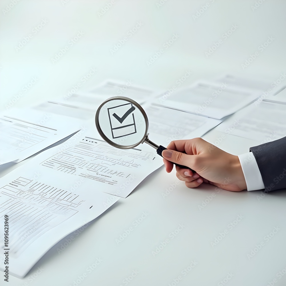Hand holding magnifying glass over a document icon with checklist ...
