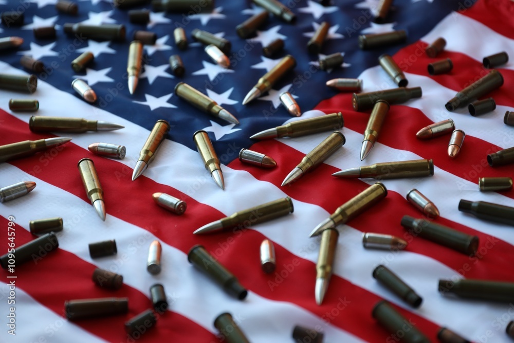Bullets with USA flag in dark light. Patriotic background image with ...