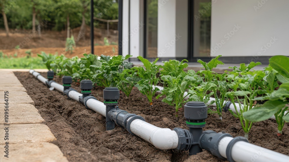Greywater recycling system in a home, with pipes leading to a garden ...