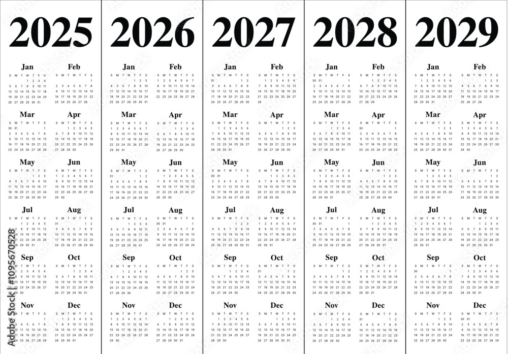 2025 2026 2027 2028 2029 year calendar vector design template Stock Vector | Adobe Stock