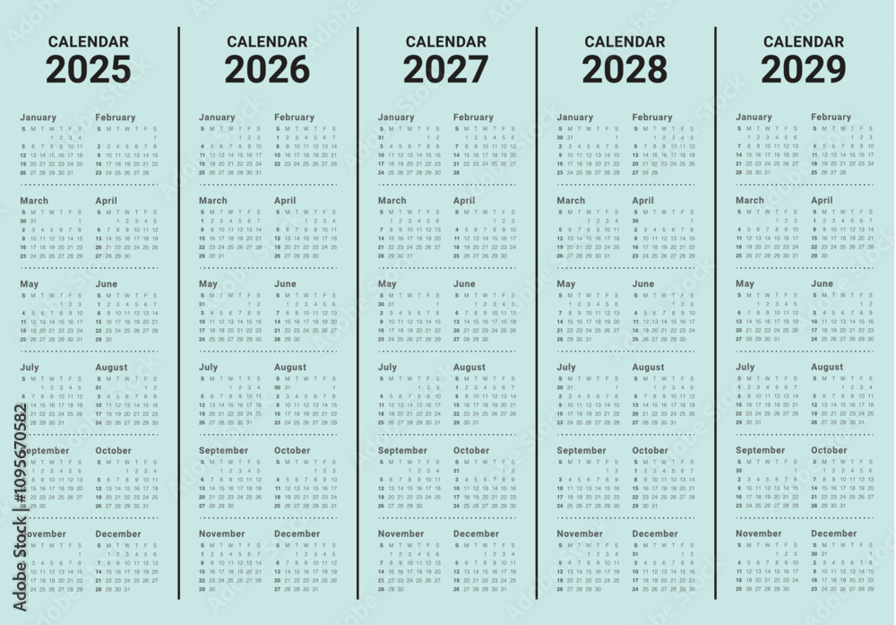 2025 2026 2027 2028 2029 year calendar vector design template Stock Vector | Adobe Stock