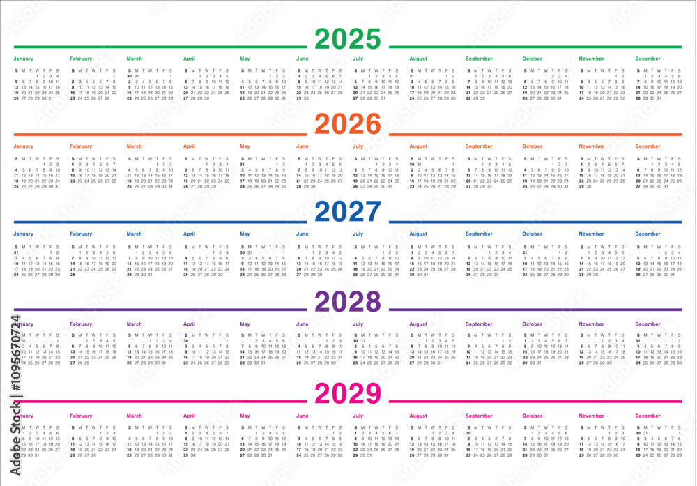 2025 2026 2027 2028 2029 2030 year calendar vector design template ...
