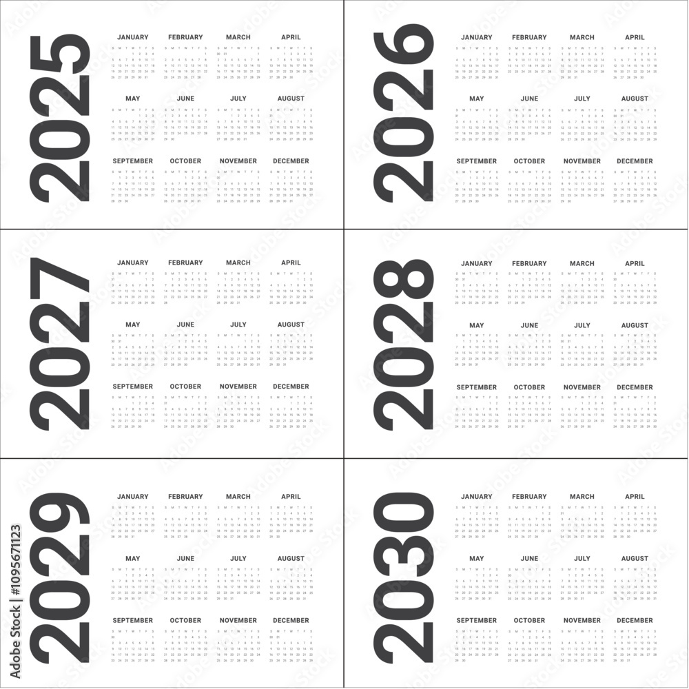 2025 2026 2027 2028 2029 2030 year calendar vector design template Stock Vector | Adobe Stock
