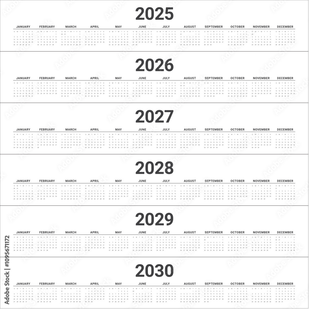 2025 2026 2027 2028 2029 2030 year calendar vector design template ...