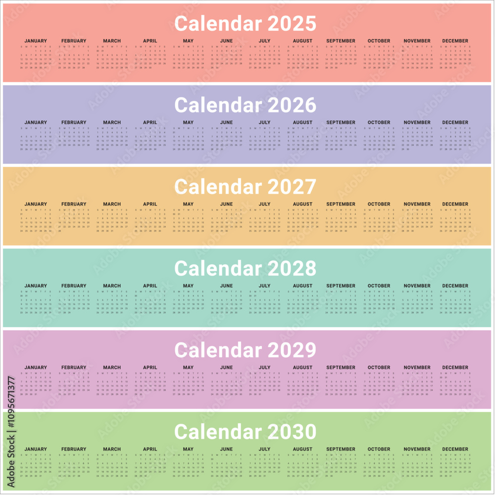 2025 2026 2027 2028 2029 2030 year calendar vector design template Stock Vector | Adobe Stock