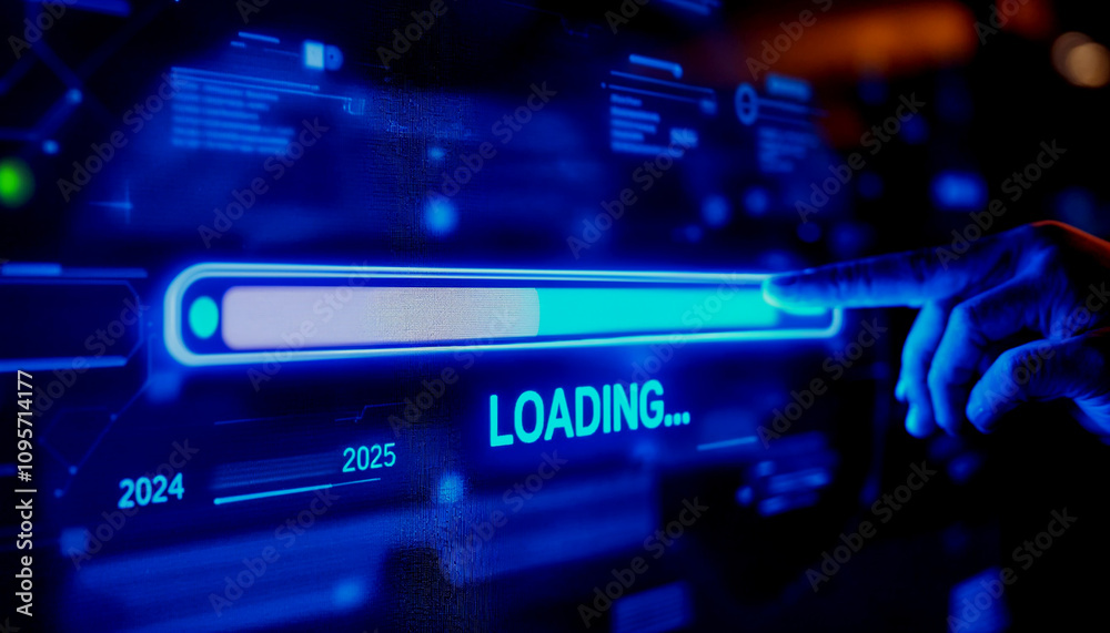 Person pointing at a digital progress bar transitioning from 2024 to ...