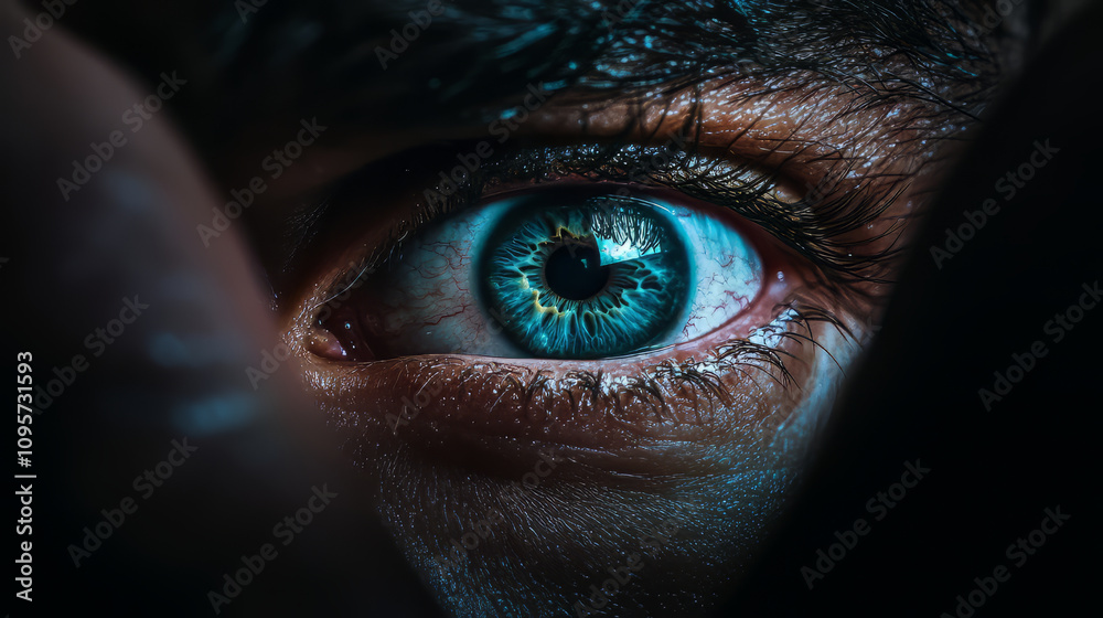 Highly realistic close-up photography of a shocked man's eye suddenly ...