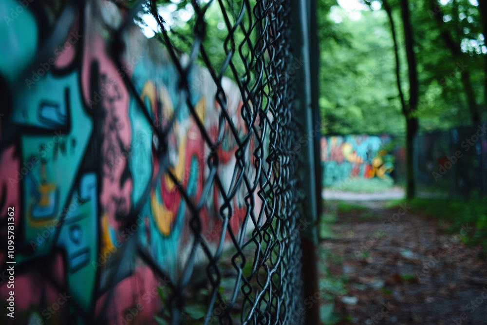 Graffiti on fence surrounded by nature, merging urban art with greenery ...