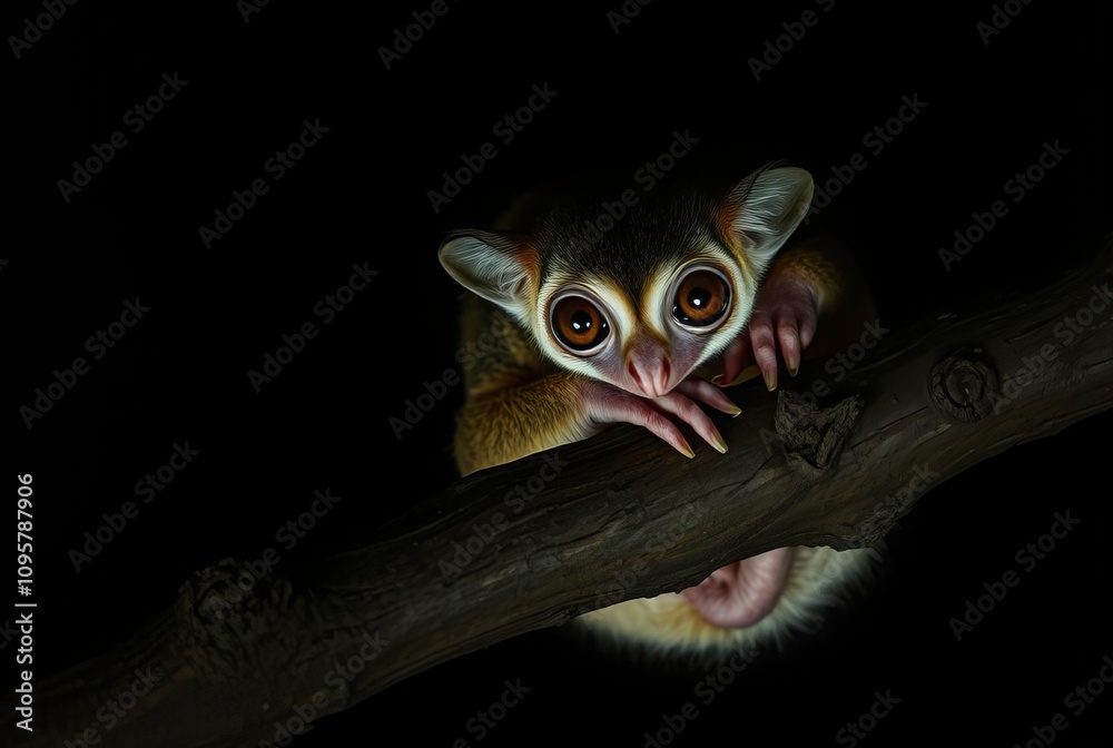_. Slow loris clinging to tree branch, huge eyes glowing in nigh Stock ...