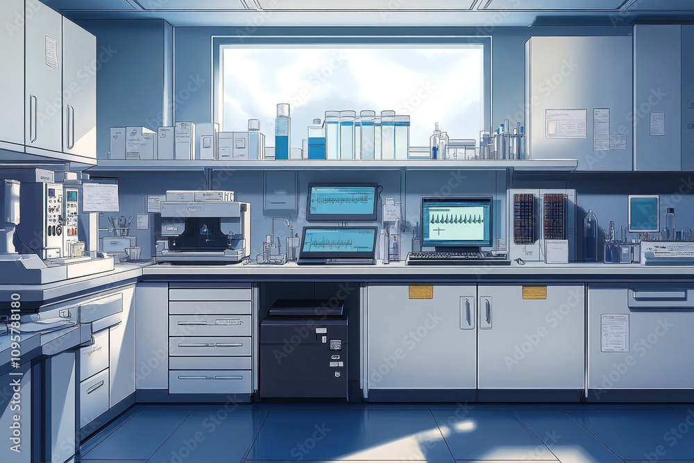 Busy laboratory filled with equipment, glassware, and monitors ...