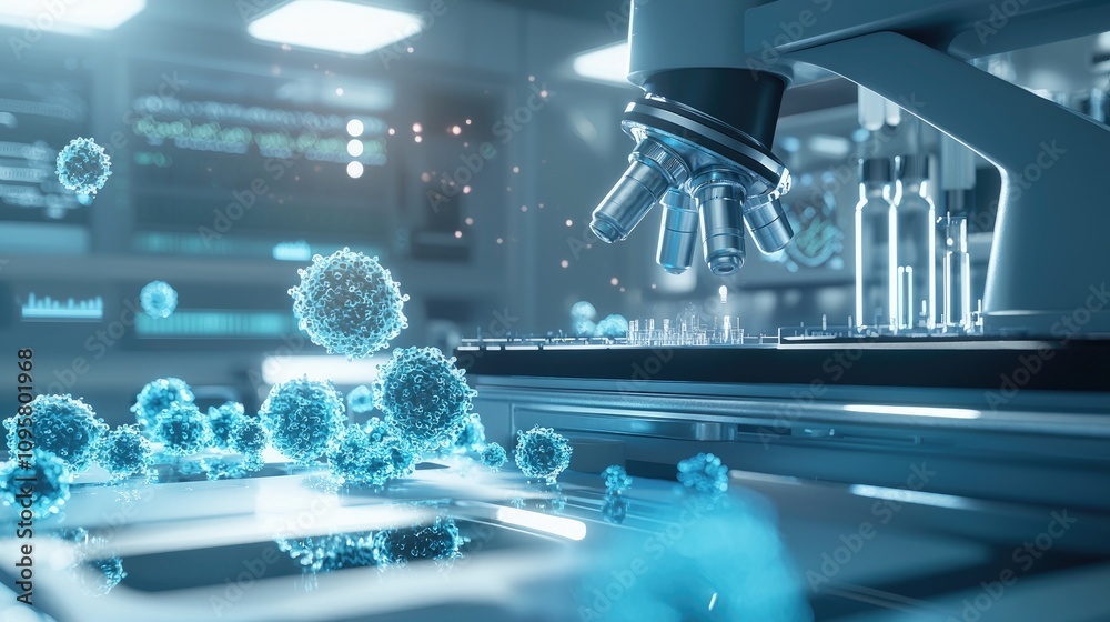 A sleek 3D rendering of laboratory tools interacting with human cells ...