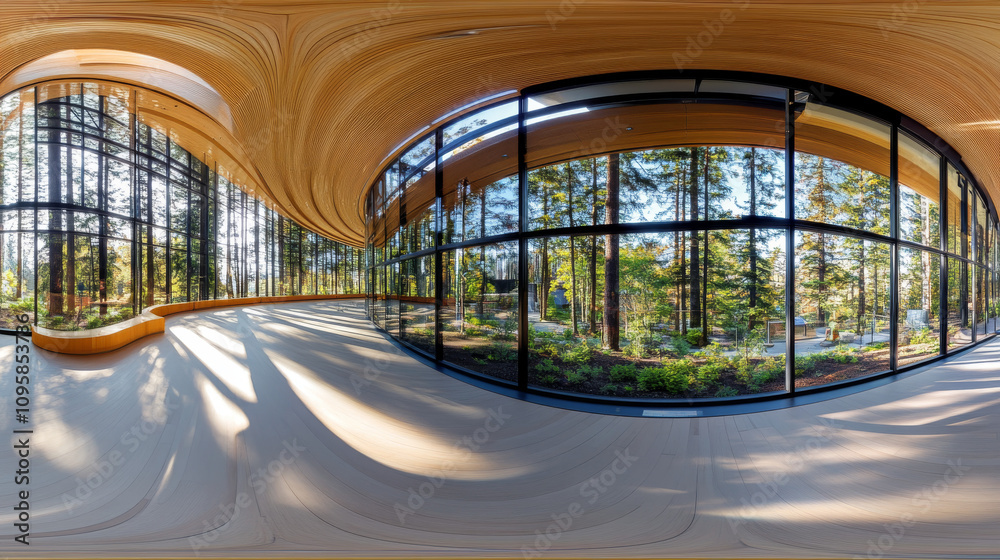 360 degree panorama view.A 3D image shows the inside of a modern, open ...