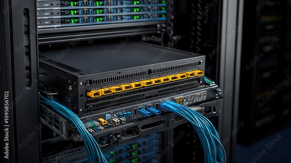 network cabinet with Cisco Catalyst switch and connected cables ...