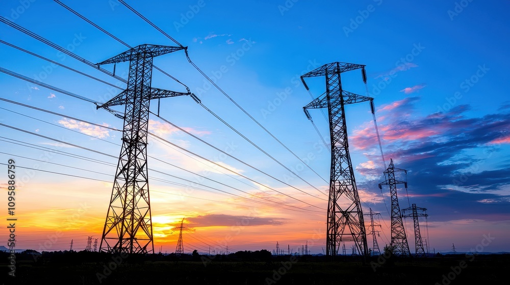 Power transmission lines at sunset rural landscape nature photography ...