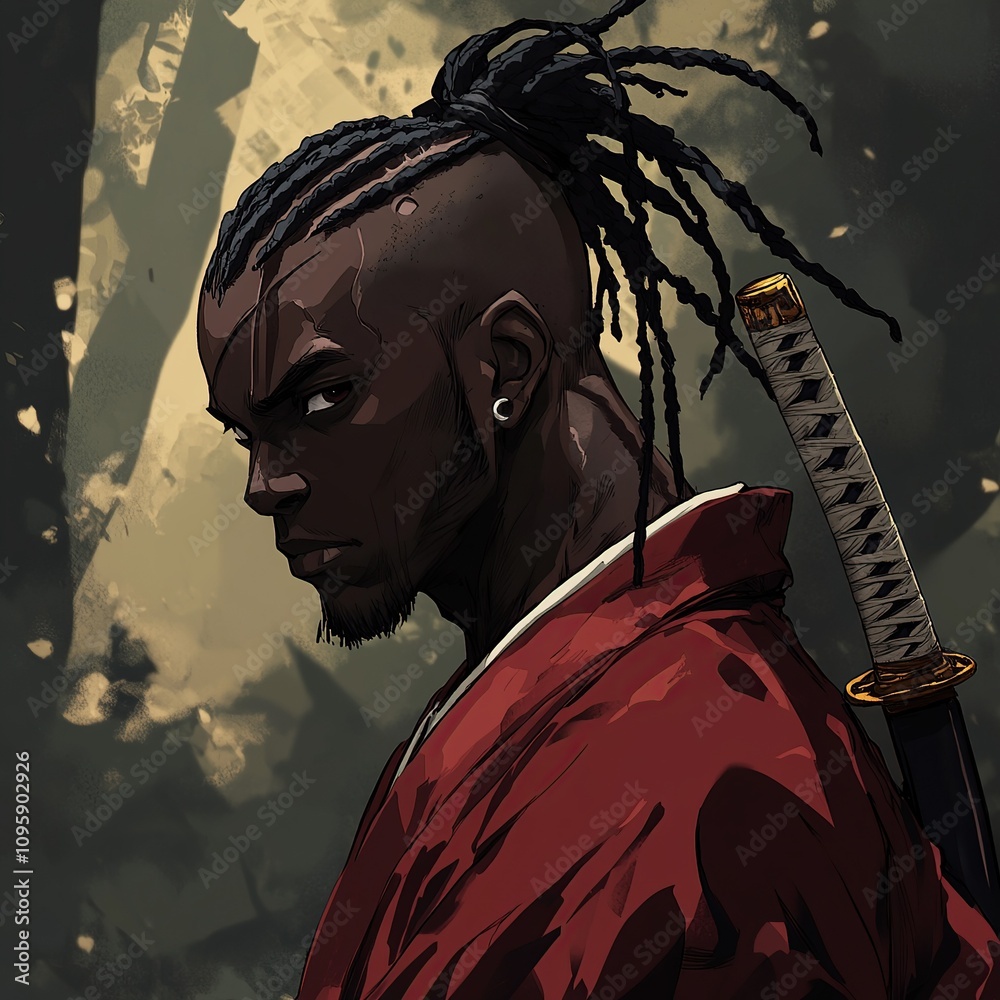 A fierce-looking Black samurai warrior with a katana on his back ...