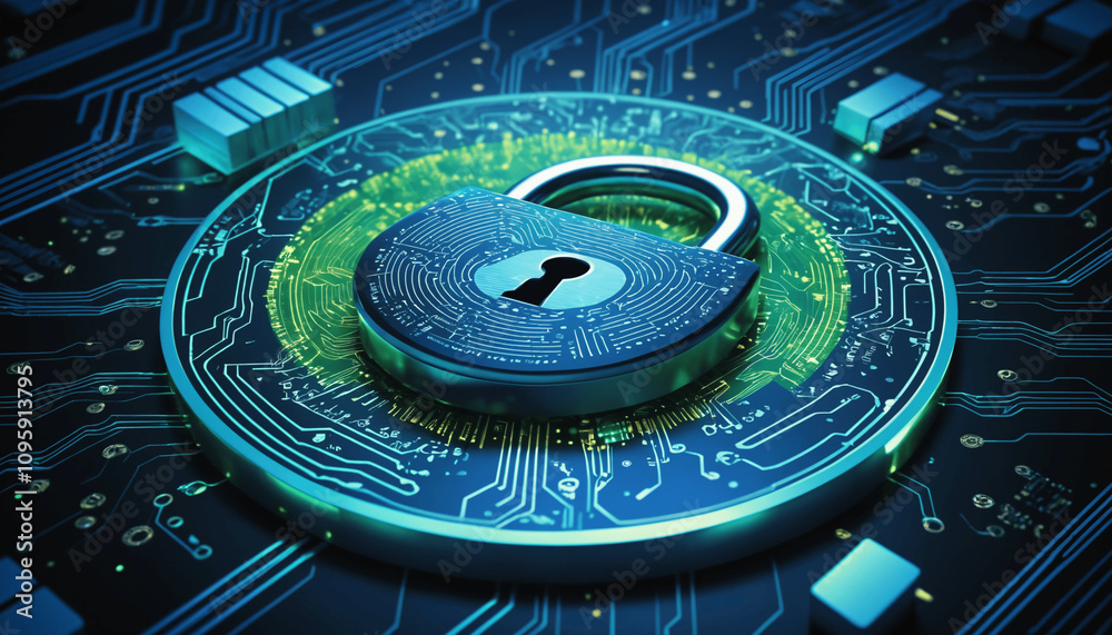 Cybersecurity Service Concept Close Up Of Motherboard With Safety Lock And Verified Credentials