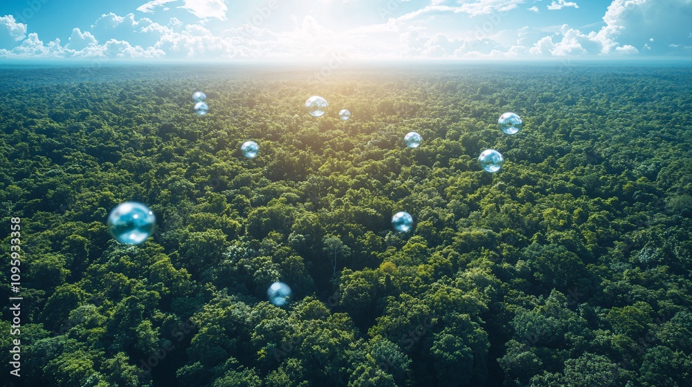 65.An expansive forest under a bright blue sky, with floating symbols ...