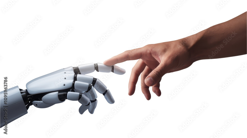 Human hand and robotic hand reaching out, isolated on transparent ...