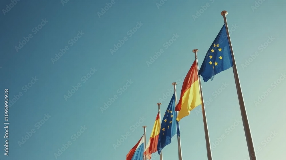 Flags of unity flying high european union symbol of collaboration ...