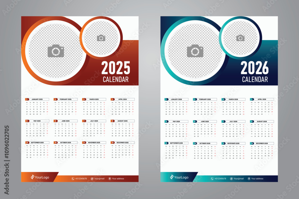 red and blue wall calendar design for 2025 and 2026 with abstract shape ...
