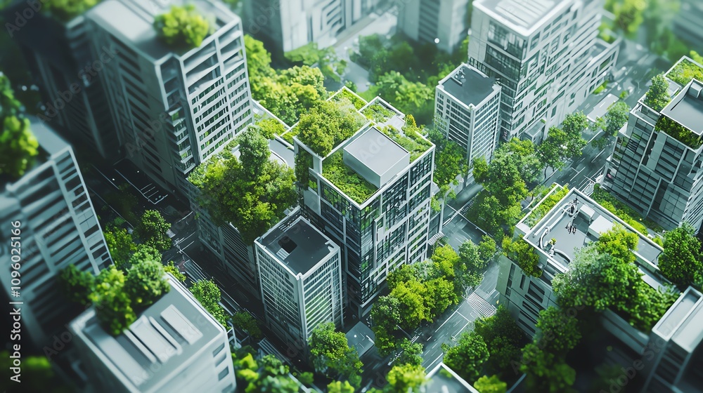 Modern smart city layout with EVs and green spaces, aerial view ...