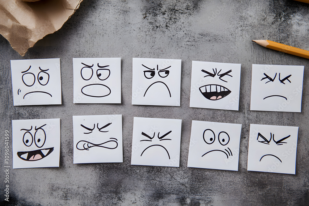 Set of hand-drawn cartoon faces on sticky notes showing anger ...