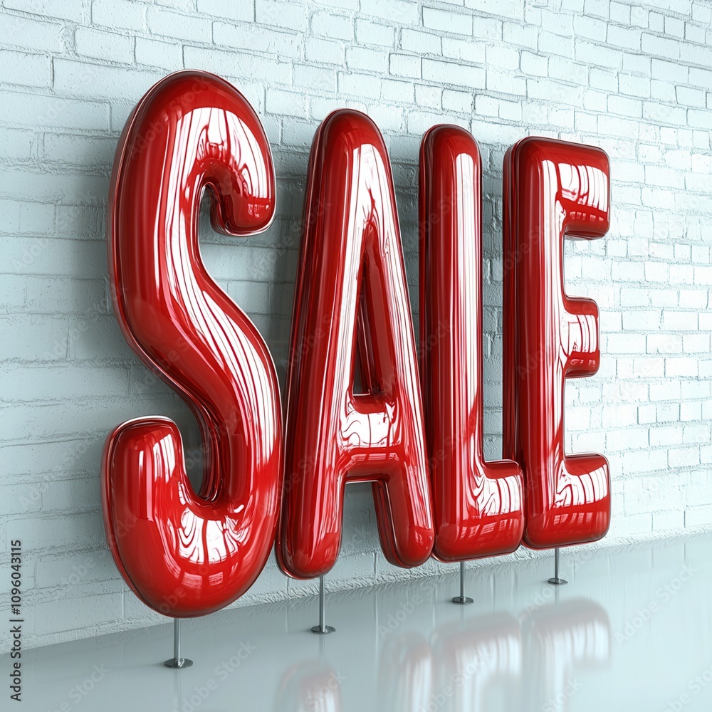 Bright red balloon letters spell SALE against a modern white brick wall ...