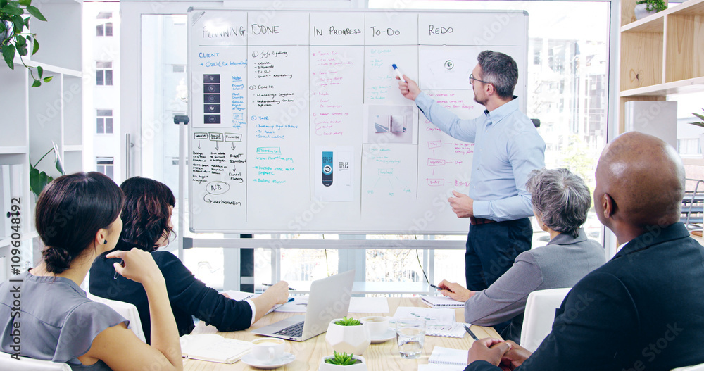 Presentation, meeting and business people with whiteboard in office for ...