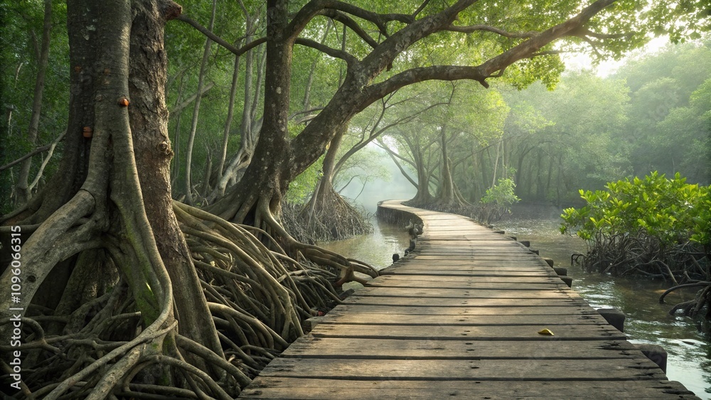 Tree roots and wooden planks forming a natural bridge in a mangrove ...