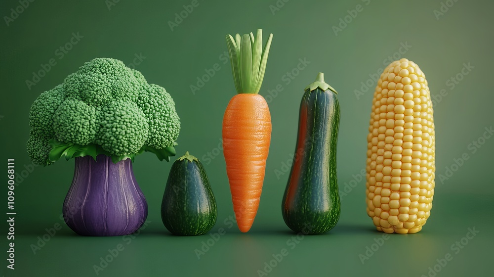 Vegetables posters set, 3d render illustrations of carrot eggplant corn ...