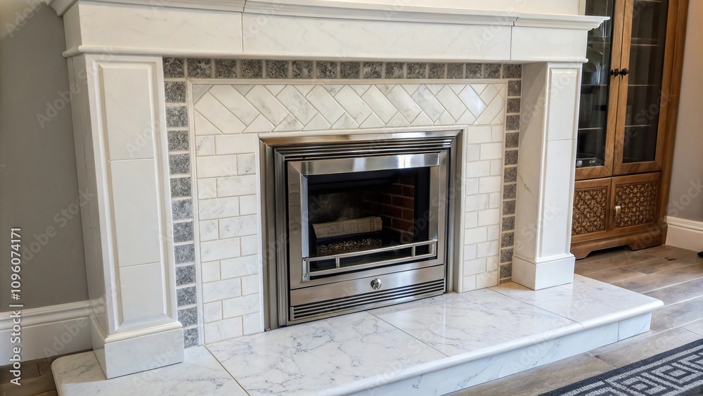 White marble and ceramic tile combination in a modern tiled stove ...