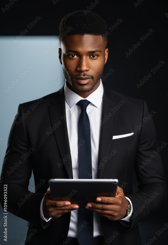 Professional portrait, young African American man, dark suit, white ...