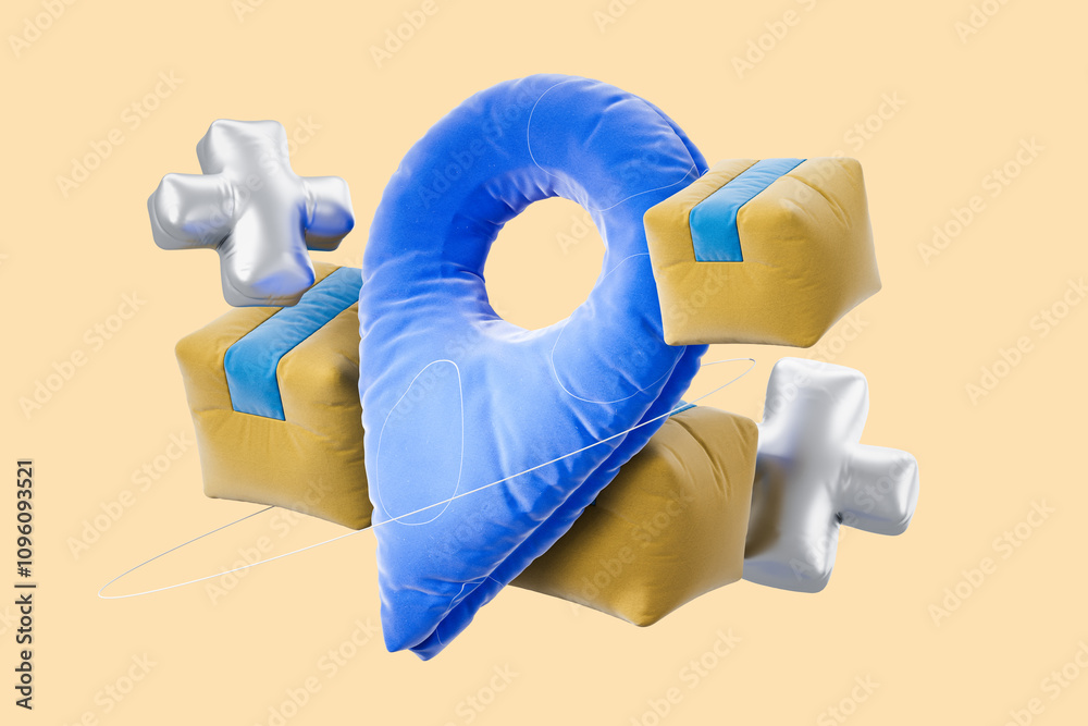 Plush location pin and plus signs with gift boxes on a light background ...