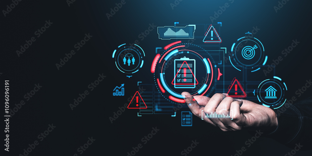 Hand interacting with futuristic digital icons representing risk ...