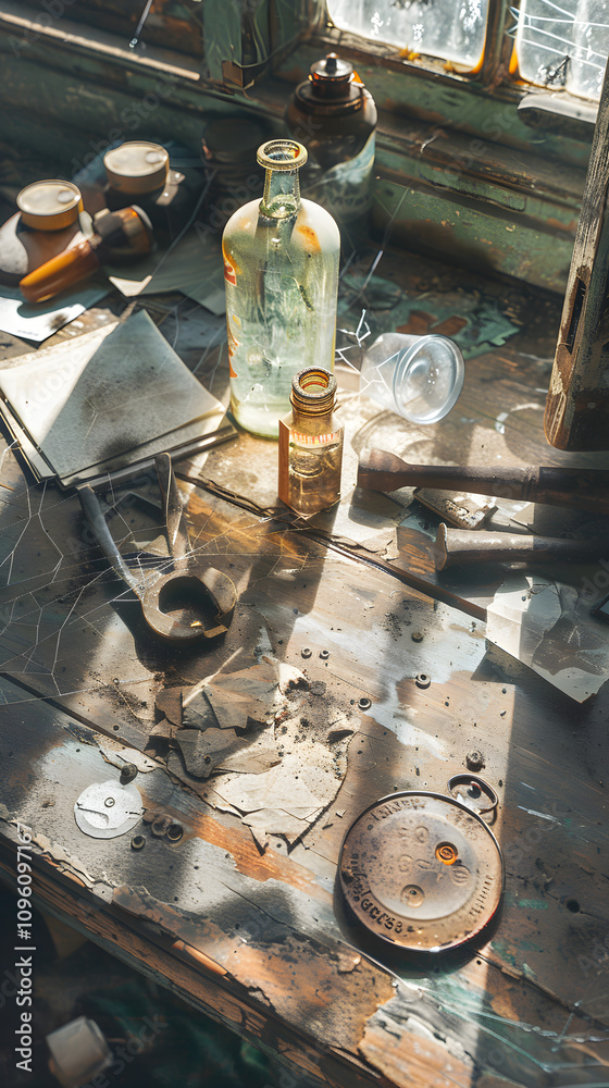 Weathered Wooden Table with Residue Items: A Glimpse into Forgotten ...